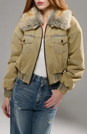AZALEA WANG Evra Faux Fur Collar Bomber Jacket