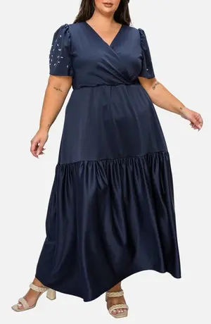 L I V D Starlit Soiree Rhinestone Maxi Dress - Navy