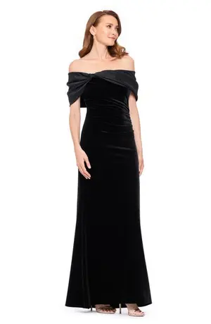 Betsy & Adam Off The Shoulder Ruched Velvet Gown