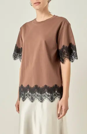 English Factory Lace Trim Cotton T-shirt - Brown
