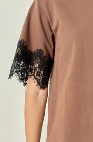 English Factory Lace Trim Cotton T-shirt - Brown