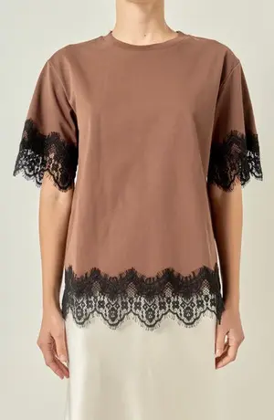 English Factory Lace Trim Cotton T-shirt - Brown