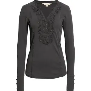 Lucky Brand Floral Appliqué Cotton Henley Top - Raven