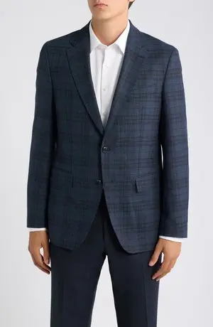 BOSS Hutson Slim Fit Plaid Slub Wool Blend Sport Coat