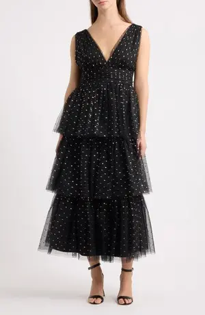 Lulus Sleeveless Foil Tiered Midi Dress
