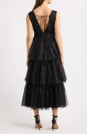 Lulus Sleeveless Foil Tiered Midi Dress