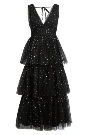 Lulus Sleeveless Foil Tiered Midi Dress