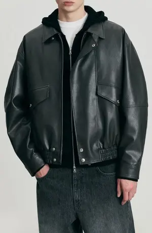 DUNST Gender Inclusive Cropped Faux Leather Bomber Jacket - Black