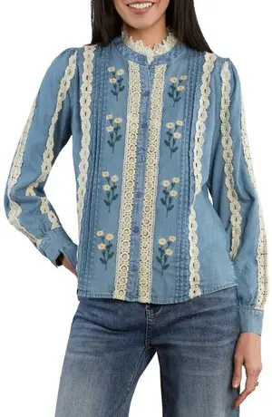BILLY T Embroidered Lace Pintuck Shirt - Washed Blue
