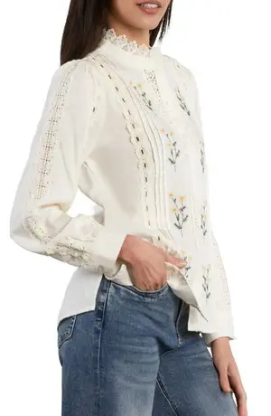 BILLY T Embroidered Lace Pintuck Shirt - White Alyssum