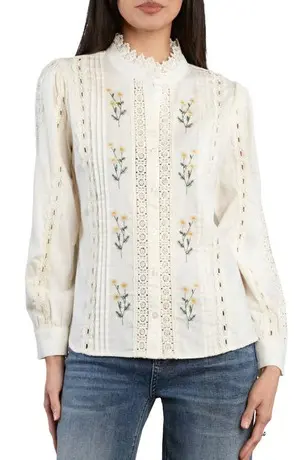 BILLY T Embroidered Lace Pintuck Shirt - White Alyssum