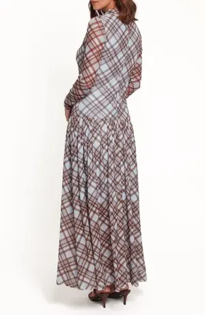 PETAL & PUP Odilia Plaid Long Sleeve Mesh Maxi Dress