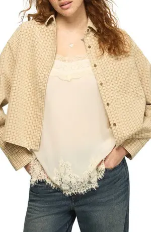 Lucky Brand Tattersall Cotton Corduroy Crop Button-up Shirt - Oat Tattersall