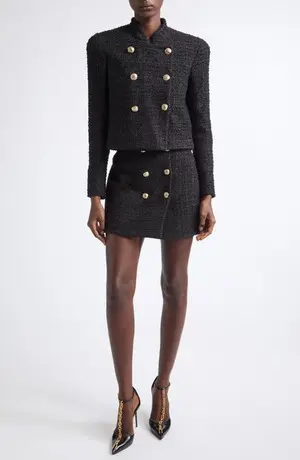 Balmain Crop Double Breasted Cotton Blend Tweed Jacket