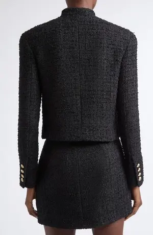 Balmain Crop Double Breasted Cotton Blend Tweed Jacket