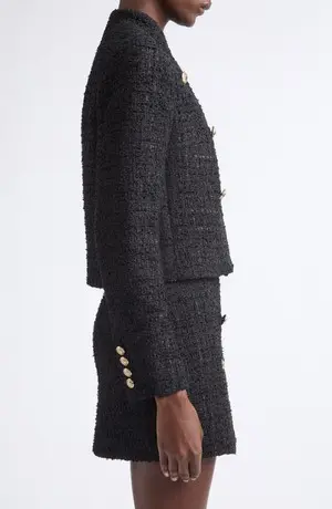 Balmain Crop Double Breasted Cotton Blend Tweed Jacket