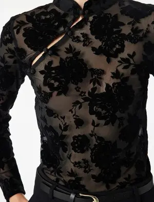 Koton Long Sleeve High Qipao Neck Floral Mesh Top