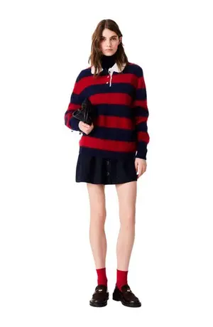 Maje Fluffy Sweater With Poplin Collar - Navy/red