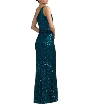 Mac Duggal Petite Beaded Mesh One Shoulder Floral Detail Gown