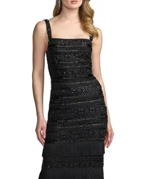 Mac Duggal Geometric Embllished Gown With Fringe