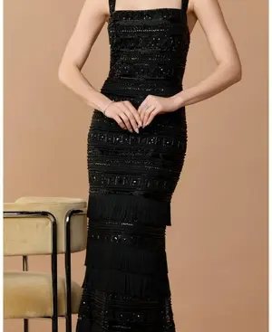 Mac Duggal Geometric Embllished Gown With Fringe