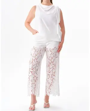 BAYEAS Plus Embroidery Wide Leg Lace Denim Jeans With Pearl
