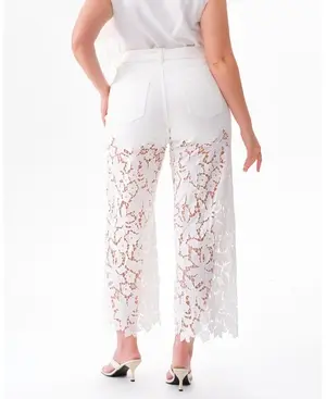 BAYEAS Plus Embroidery Wide Leg Lace Denim Jeans With Pearl