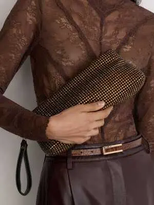 REISS Olga Crystal Embellished Pouch Clutch Bag - Chocolate