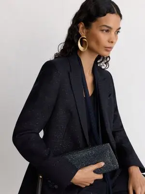 REISS Olga Crystal Embellished Pouch Clutch Bag - Navy