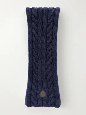 Moncler Logo-appliqué Cable-knit Virgin Wool Scarf - Blue