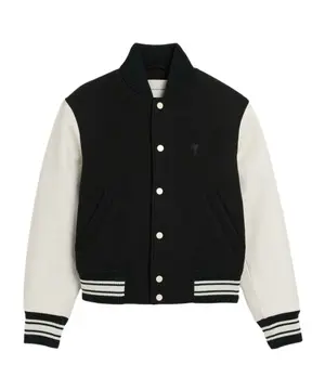 AMI Paris Wool And Leather Padded Teddy Jacket With Embroidery