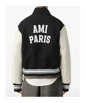 AMI Paris Wool And Leather Padded Teddy Jacket With Embroidery