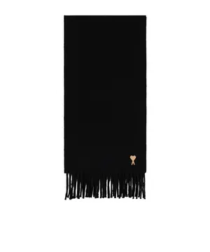 AMI Paris Black Wool Scarf With Ami De Coeur Patch Black