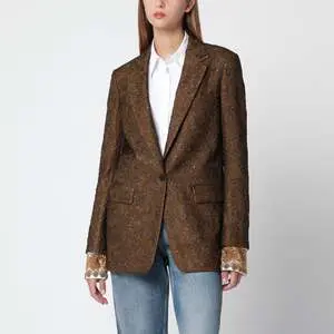 Dries Van Noten Khaki Single-breasted Jacket With Floral Jacquard Pattern Green