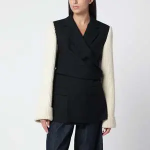 Dries Van Noten White Jacket With Ribbed Knit Sleeves - Black
