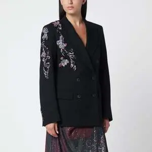 Dries Van Noten Double-breasted Jacket With Floral Sequinned Appliqués - Black