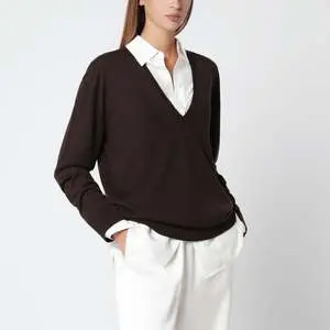 TOTEME V-neck Sweater In Lyocell And Cashmere - Brown