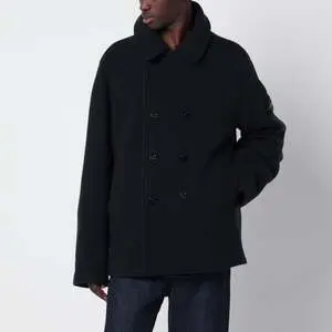 Stone Island Navy Double-breasted Coat In Wool And Cashmere - Blue