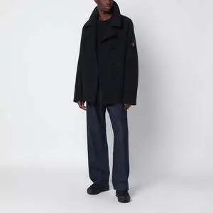 Stone Island Navy Double-breasted Coat In Wool And Cashmere - Blue
