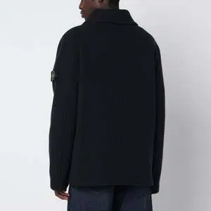 Stone Island Navy Double-breasted Coat In Wool And Cashmere - Blue