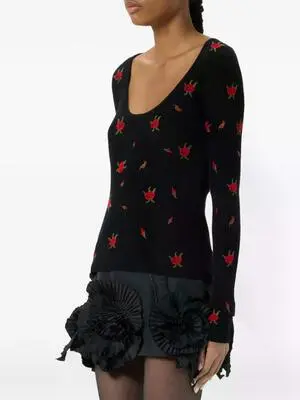 Blumarine Rose-embroidered Ribbed-knit Sweater