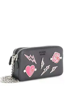 Prada Double Zip Wallet On Chain Printed Saffiano Leather Mini Crossbody Bag - Black