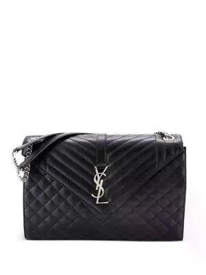 Saint Laurent Classic Monogram Envelope Satchel Mixed Matelasse Leather Large Shoulder Bag - Black