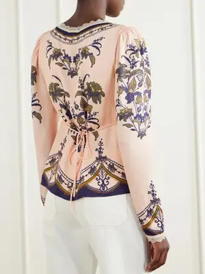 Farm Rio Liz Floral-print Lace-trimmed Crepe De Chine Blouse - Pink