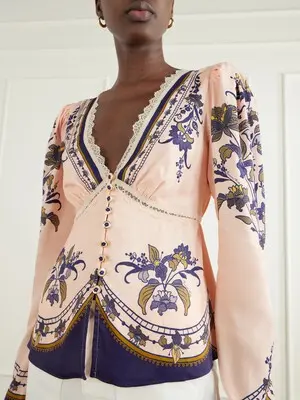 Farm Rio Liz Floral-print Lace-trimmed Crepe De Chine Blouse - Pink