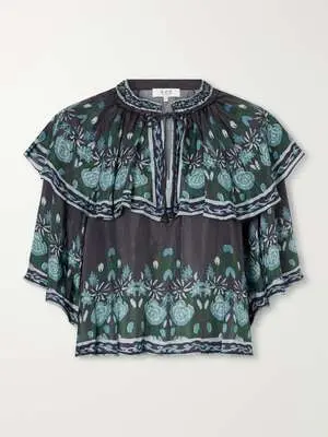 Sea Tulla Cape-detailed Printed Habotai Blouse - Navy