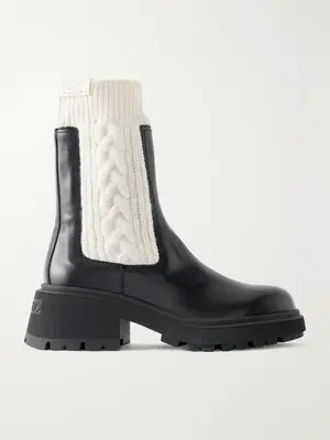 JIMMY CHOO Tamia Ribbed Cable-knit-trimmed Leather Ankle Boots - Black