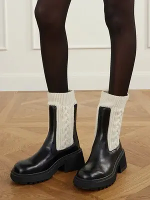 JIMMY CHOO Tamia Ribbed Cable-knit-trimmed Leather Ankle Boots