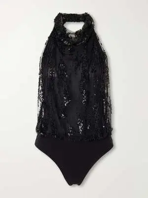 Staud Monay Flocked Bead-embellished Jersey Bodysuit