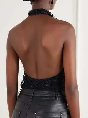 Staud Monay Flocked Bead-embellished Jersey Bodysuit
